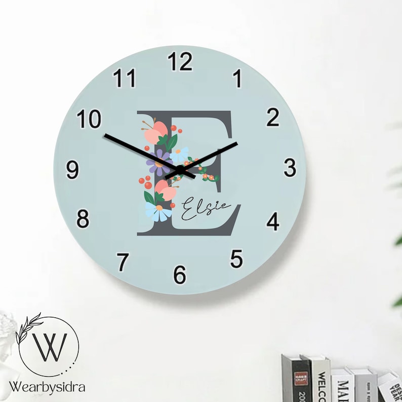 Personalised Clock for Girls, Custom Floral Initial With Name Kids ...