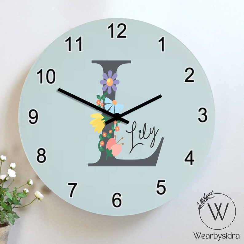 Personalised Clock for Girls, Custom Floral Initial With Name Kids ...