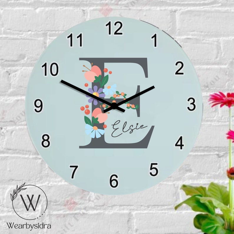 Personalised Clock for Girls, Custom Floral Initial With Name Kids ...