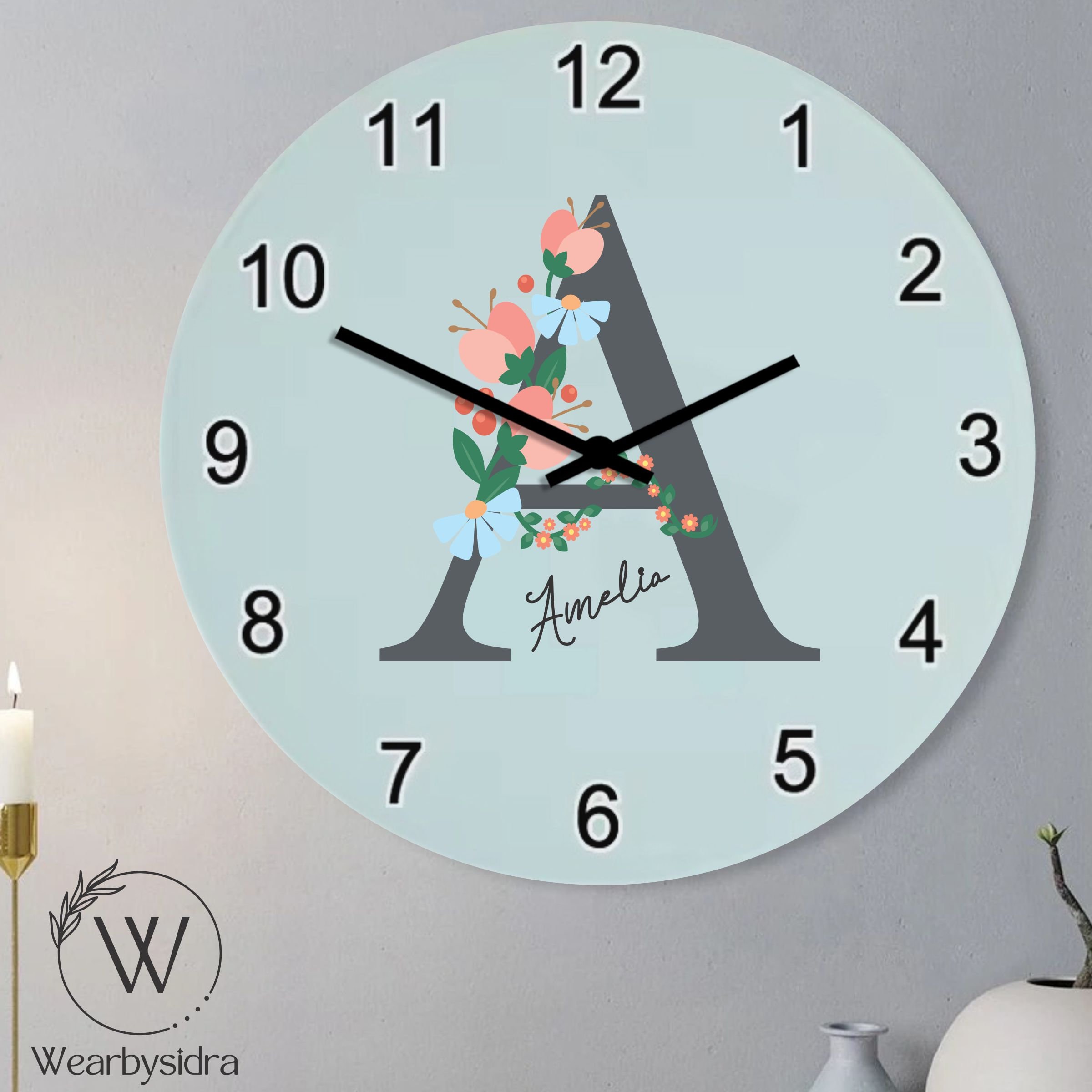Personalised Clock for Girls, Custom Floral Initial With Name Kids ...