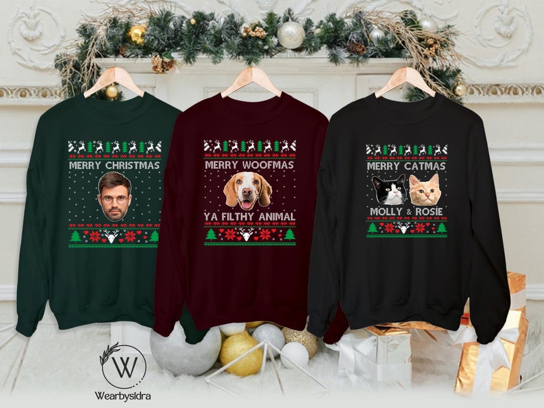 Custom Photo Ugly Christmas Sweaters, Personalised Pet Photo Ya Filthy ...