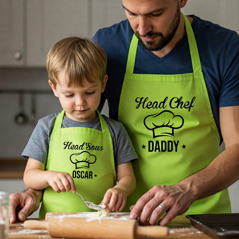 Personalised Matching Apron for Dad & Kids, Custom Name Head Chef ...