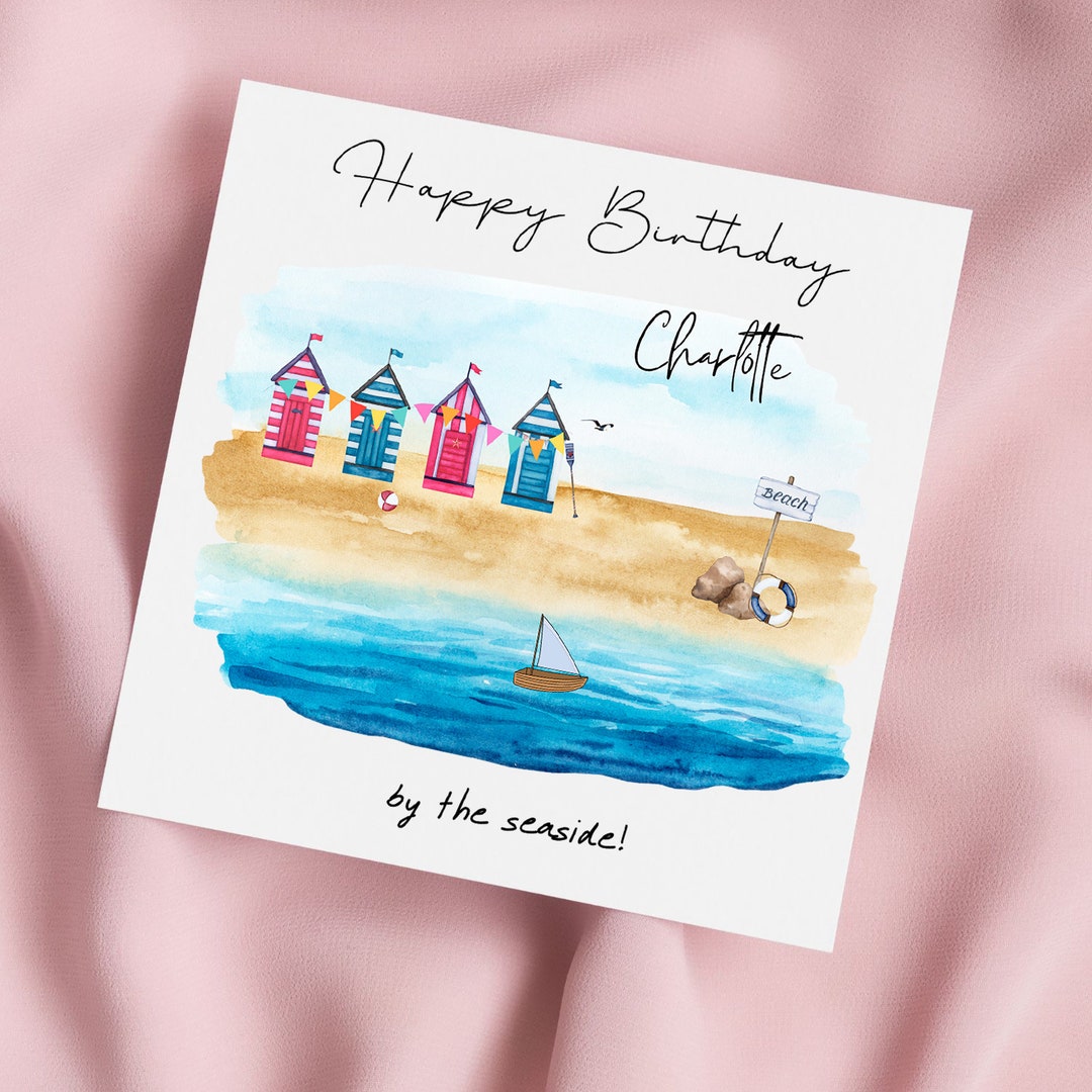 Seaside Birthday Card With Beach Huts, Birthday Beach Card, Greeting ...