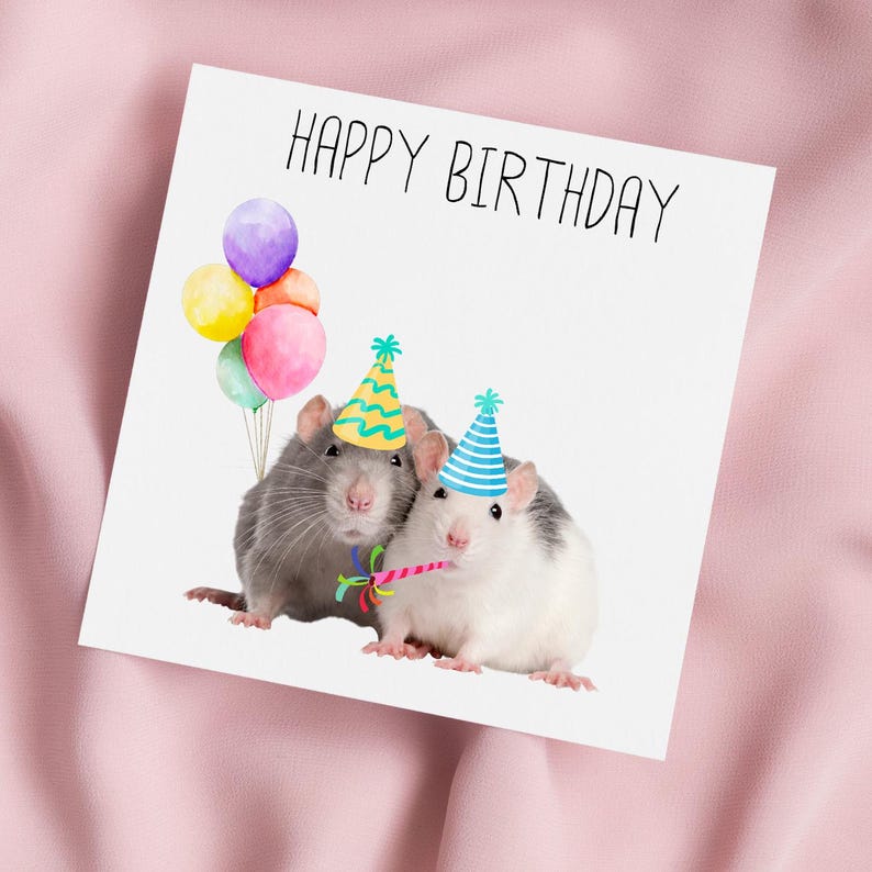 Birthday Card With Cute Rats and Party Hats, Rats Greeting Card, Rats ...