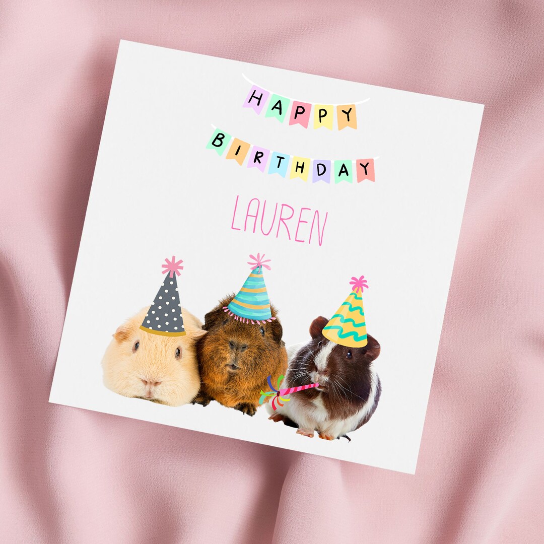 Birthday Card With Guinea Pigs and Party Hats, Guinea Pig Greeting Card ...