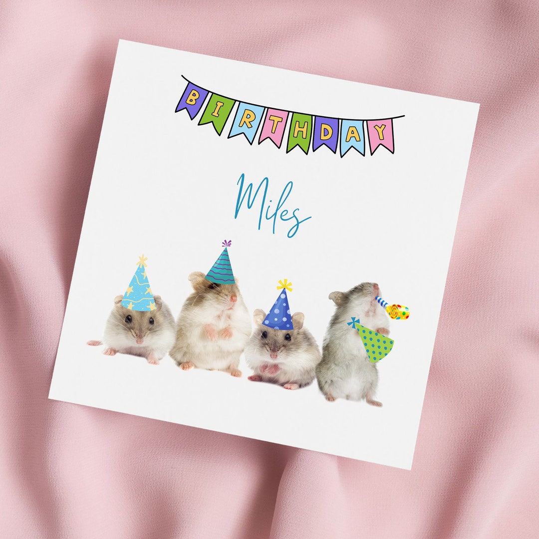 Birthday Card With Hamsters in Party Hats, Hamster Card, Personalised ...