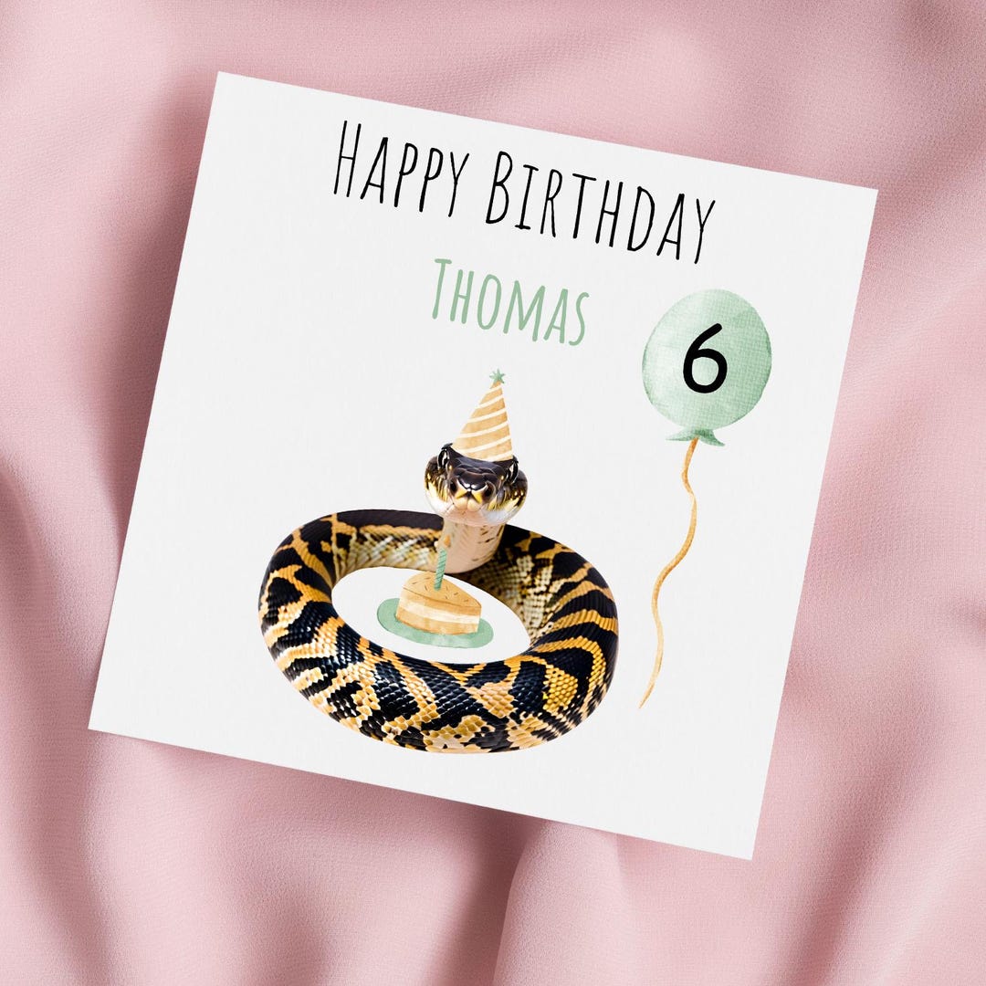 Birthday Card With Snake and Party Hat, Snake Greeting Card, Snake Card ...