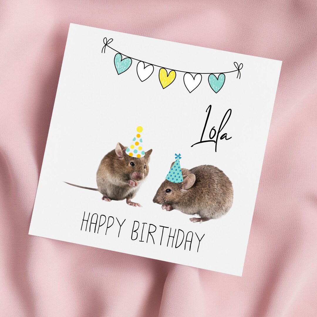 Birthday Card With Mice in Party Hats, Mouse Greeting Card, Mouse Card ...