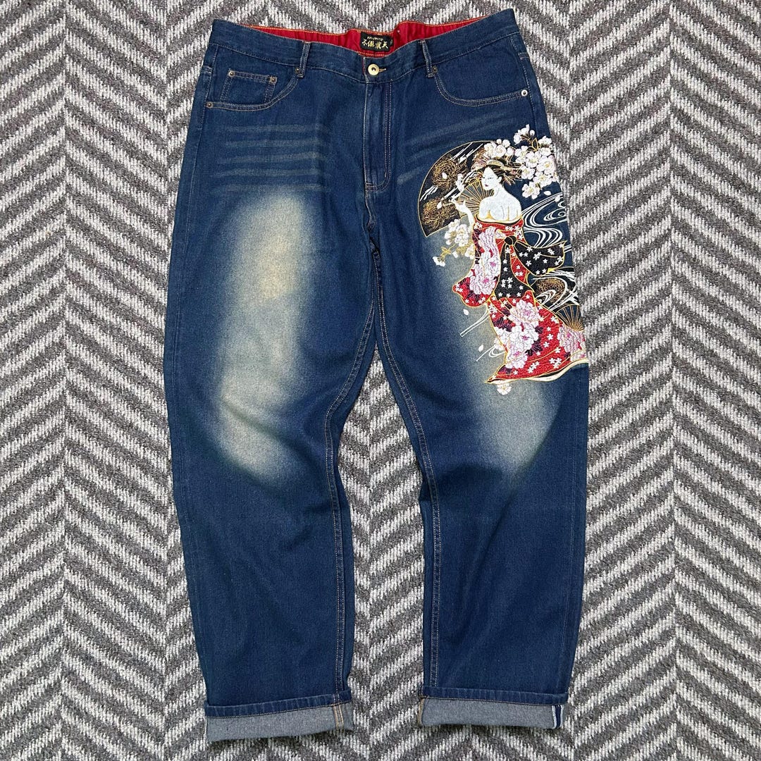 Vintage Japanese Embroidery Jeans #fugudaiten# Japanese Geisha Beauty ...