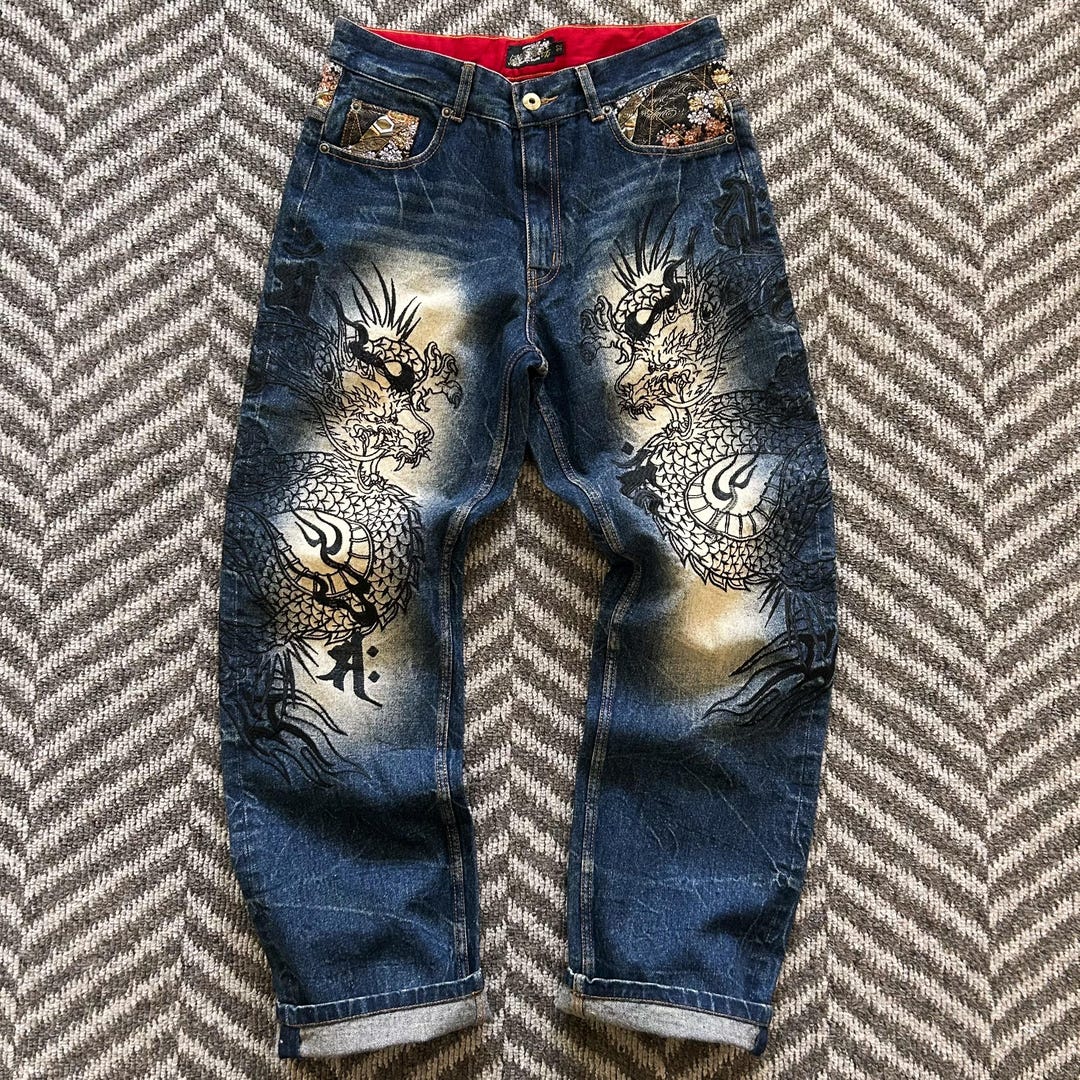 Bukkiabou Japanese Embroidered Jeans Double Black Dragon Slim Size ...