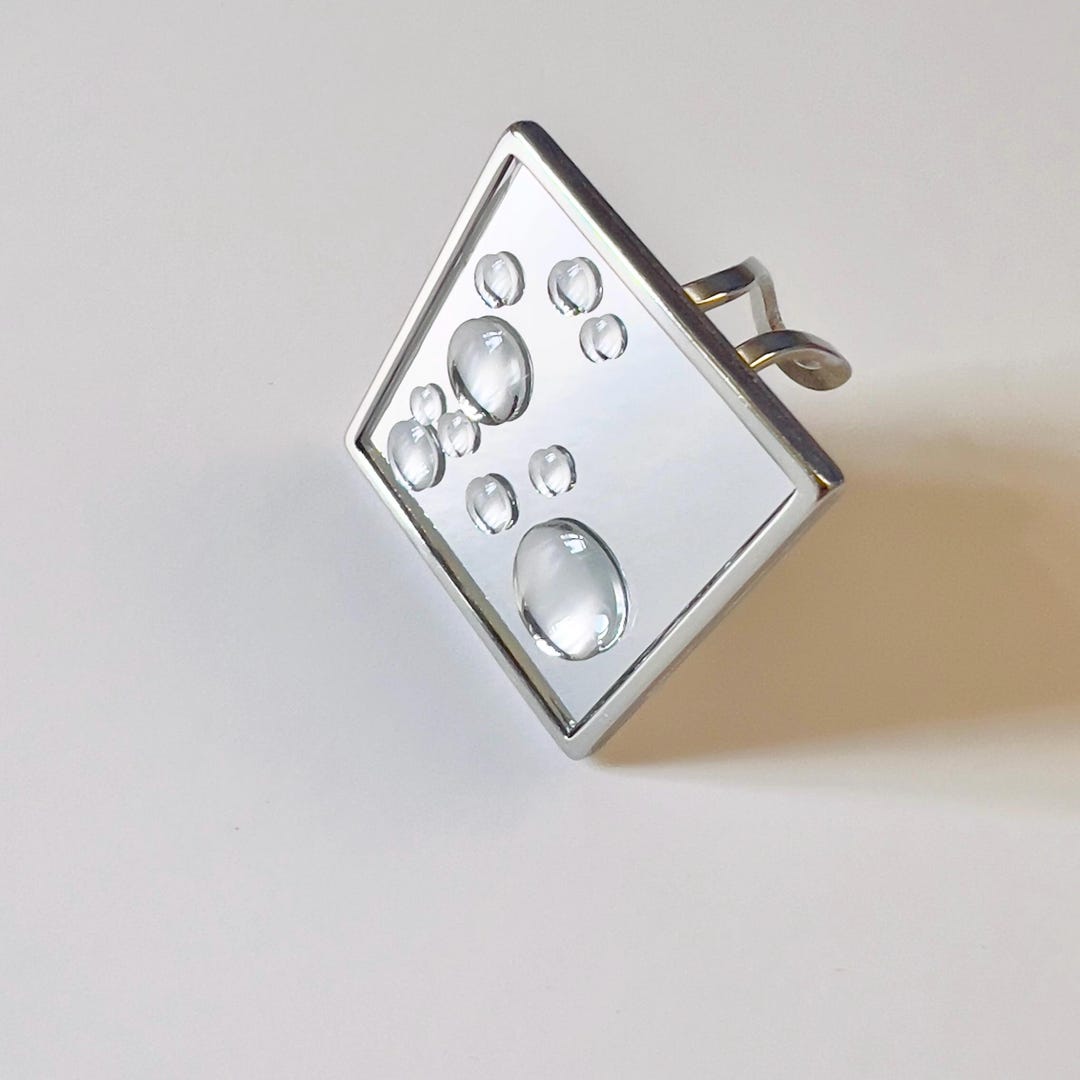 Mirror Square Ring With 3D Water Droplets - Modern Silver Tone ...
