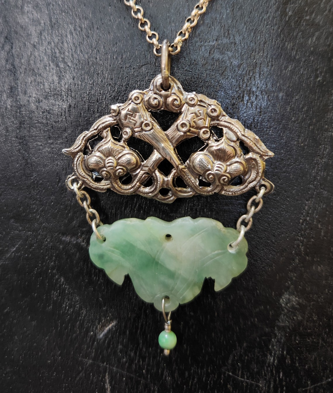 Antique Carved Jadeite Lotus Flower Pendant, Chinese Silver, 17 .5 ...