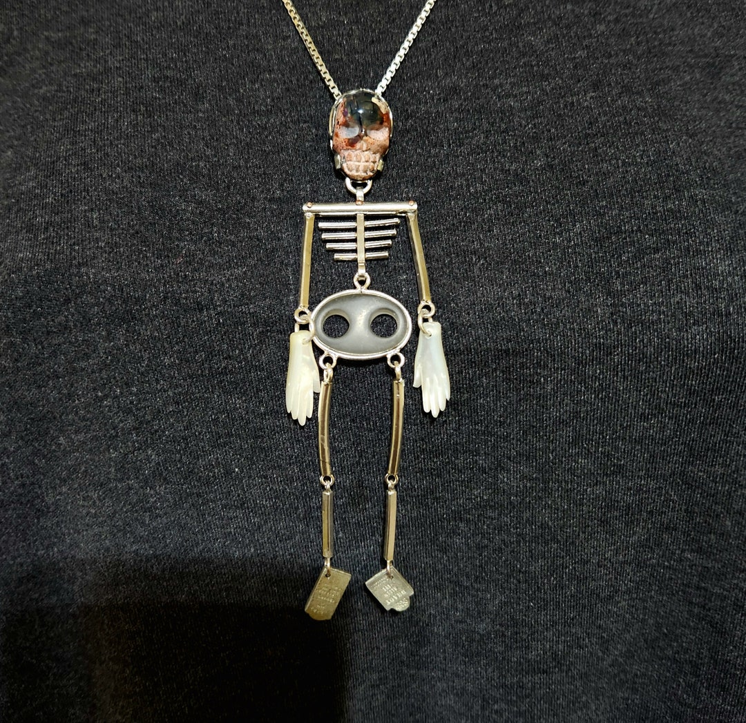 Articulated Skeleton Pendant, 5" Long, Sterling Silver & 14 Kt Gold ...