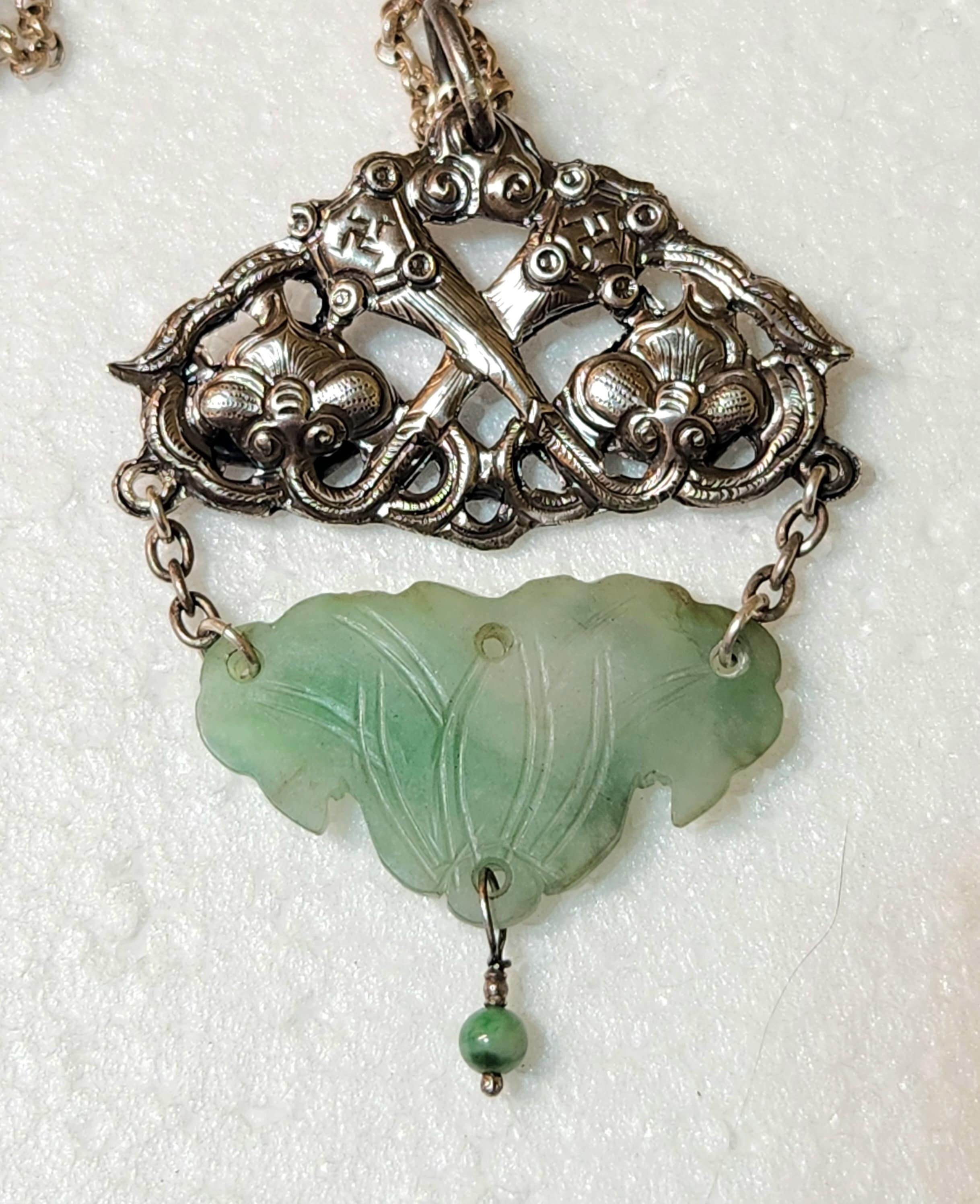 Antique Carved Jadeite Lotus Flower Pendant, Chinese Silver, 17 .5 ...