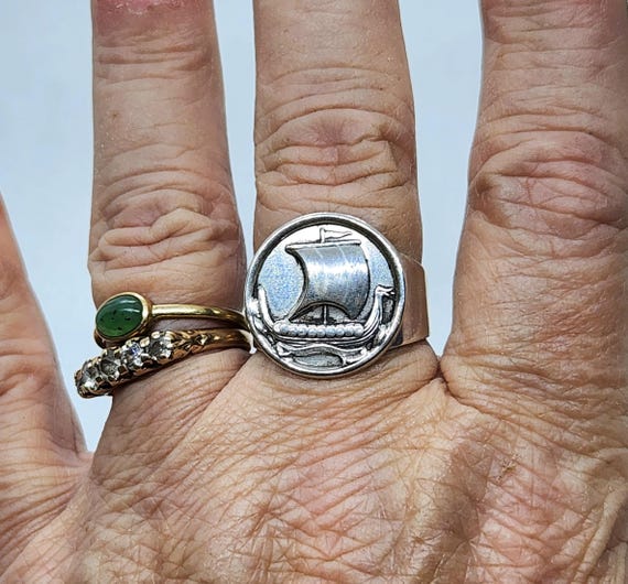 Viking Ship Ring, Sterling Silver, sz 8, Viking Sail … - Gem