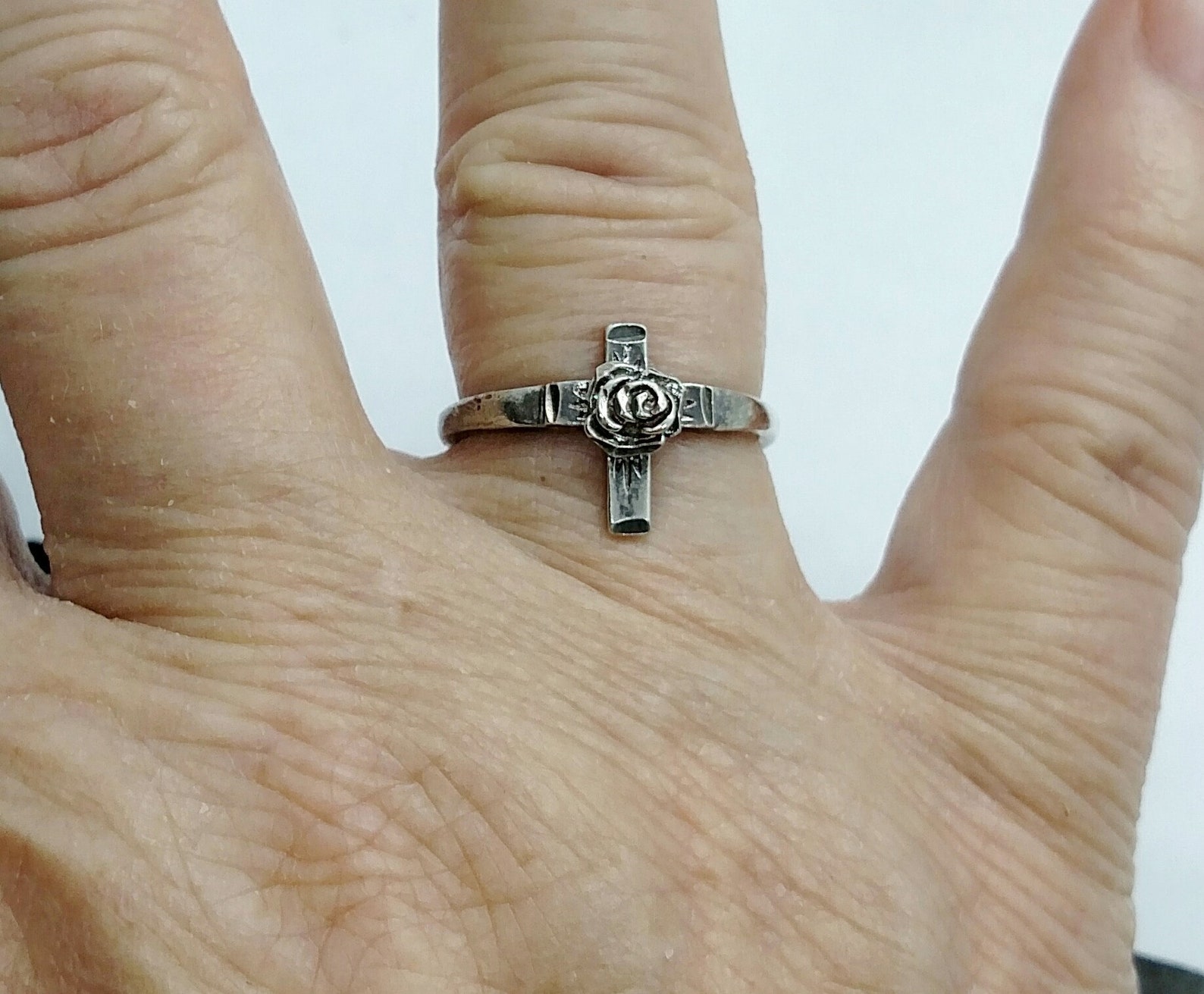 CROSS Religious Ring Sterling Silver Cross 3D Rose sz 7 | Etsy