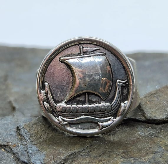 Viking Ship Ring, Sterling Silver, sz 8, Viking Sail … - Gem