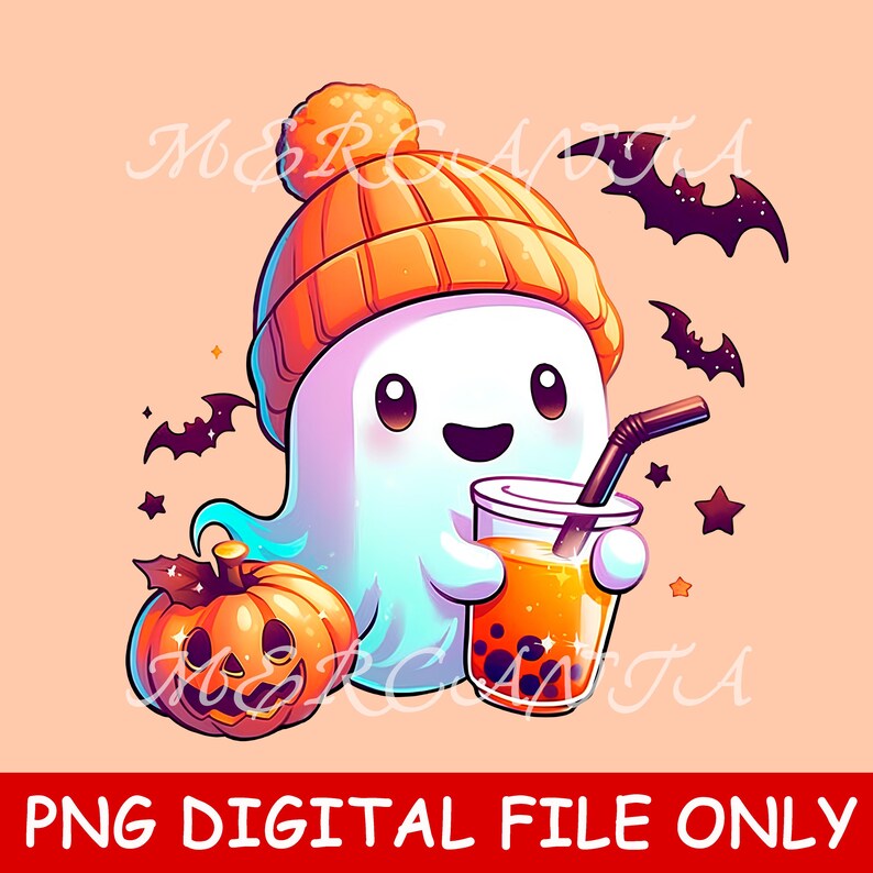 Halloween Ghost PNG, Spooky Ghost With Boba PNG, Cute Ghost PNG ...