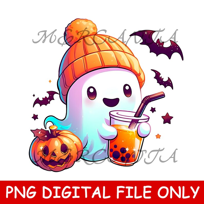 Halloween Ghost PNG, Spooky Ghost With Boba PNG, Cute Ghost PNG ...