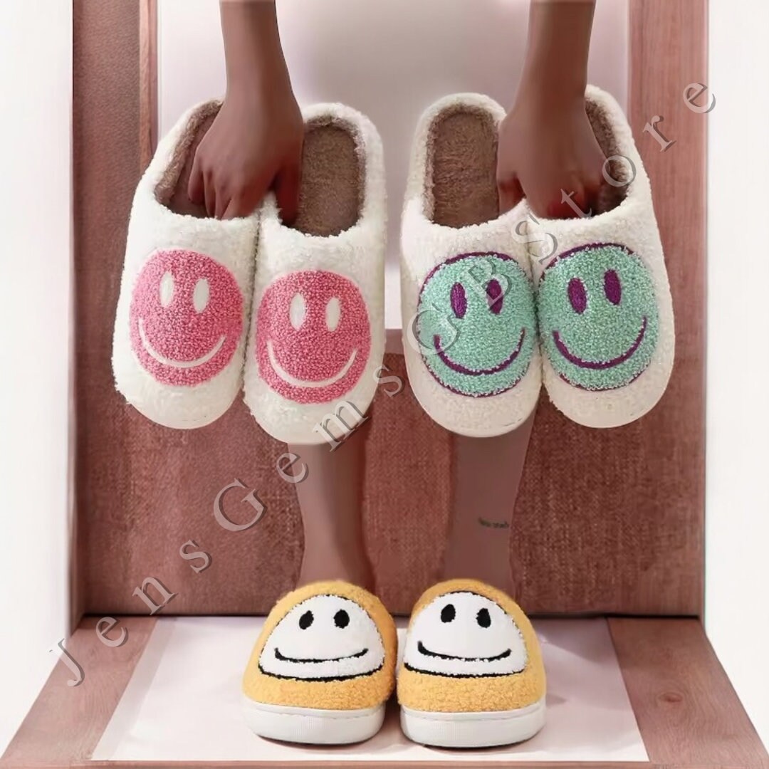 Smiley Face Cotton Slippers Fuzzy, Fluffy, Warm, Cozy House Slippers ...