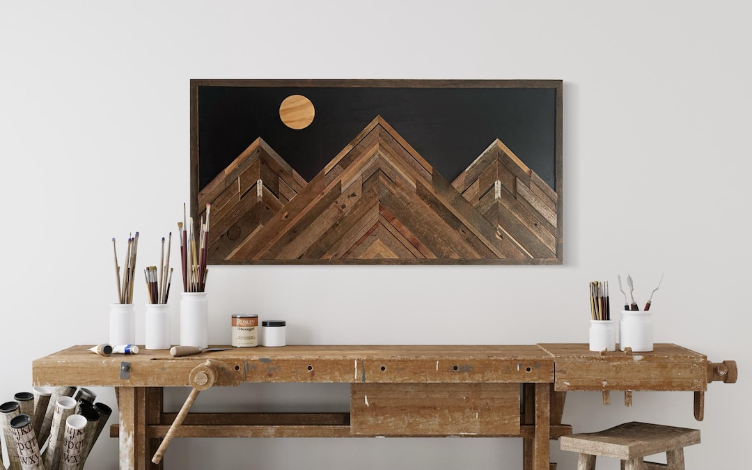 Geometric Wood Mountains Wood Mountain Art, Reclaimed Wood Art ...