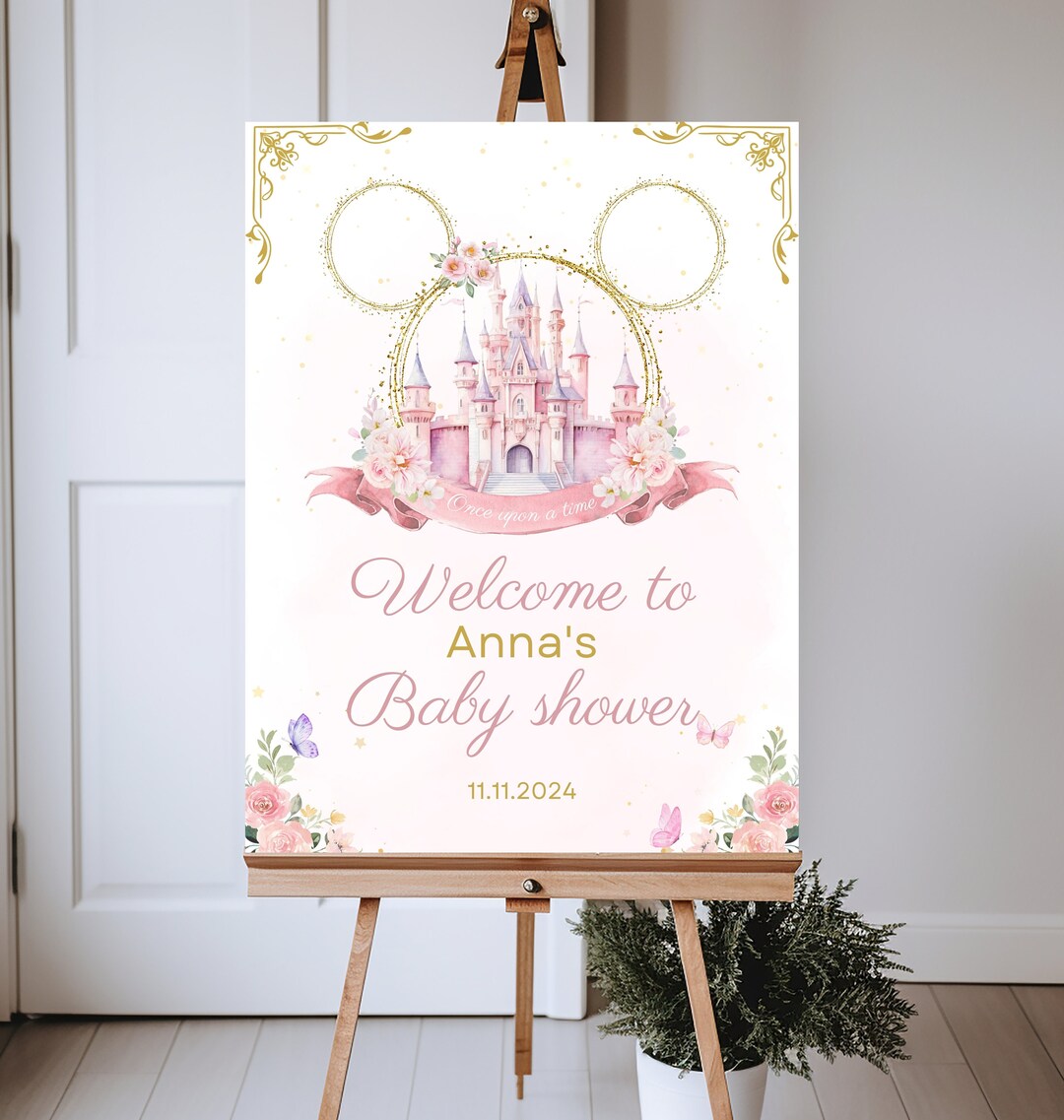 Editable Princess Baby Shower Welcome Sign, Princess Baby Shower, Pink ...