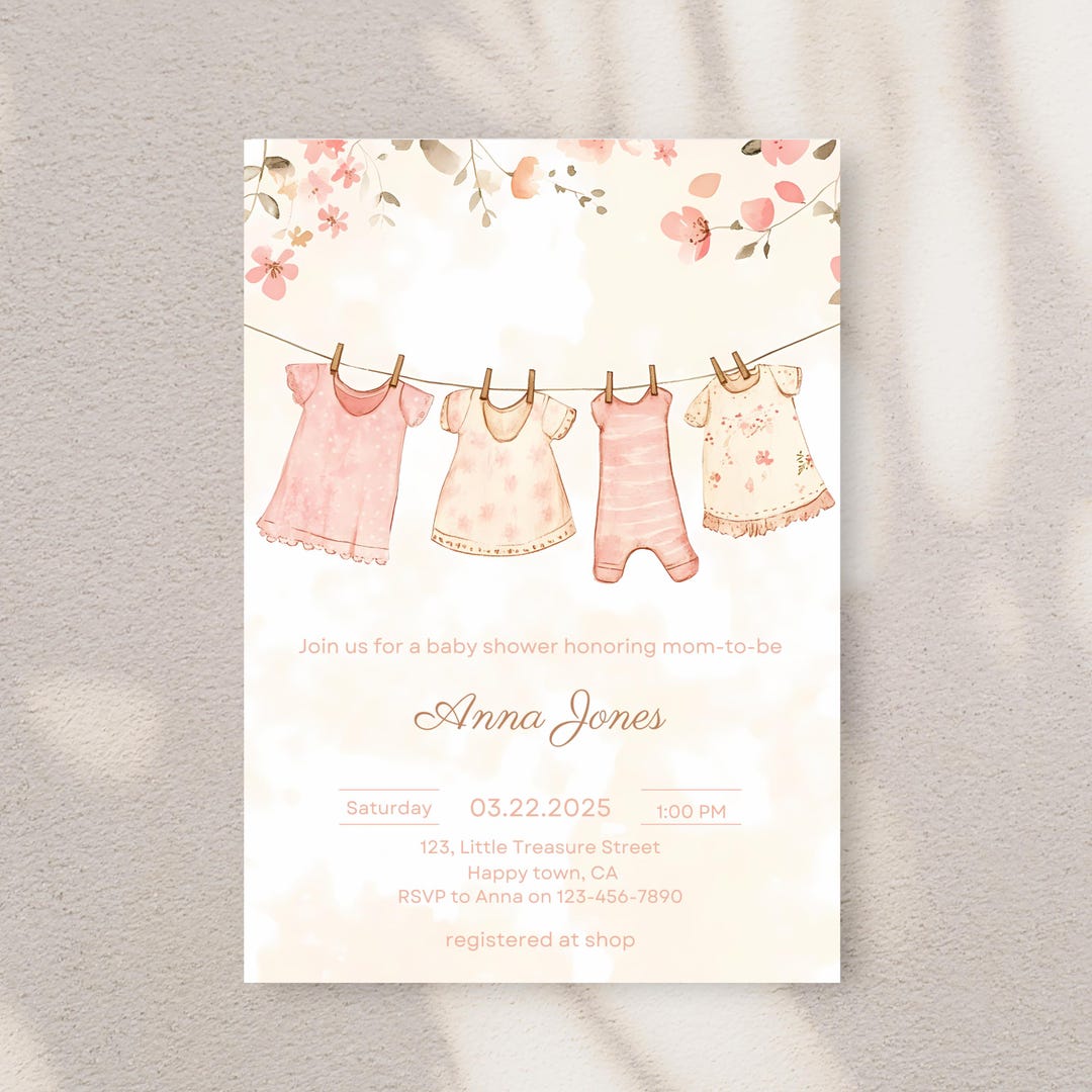 Adorable Baby Clothesline Baby Shower Invitation, Pastel Pink Floral ...