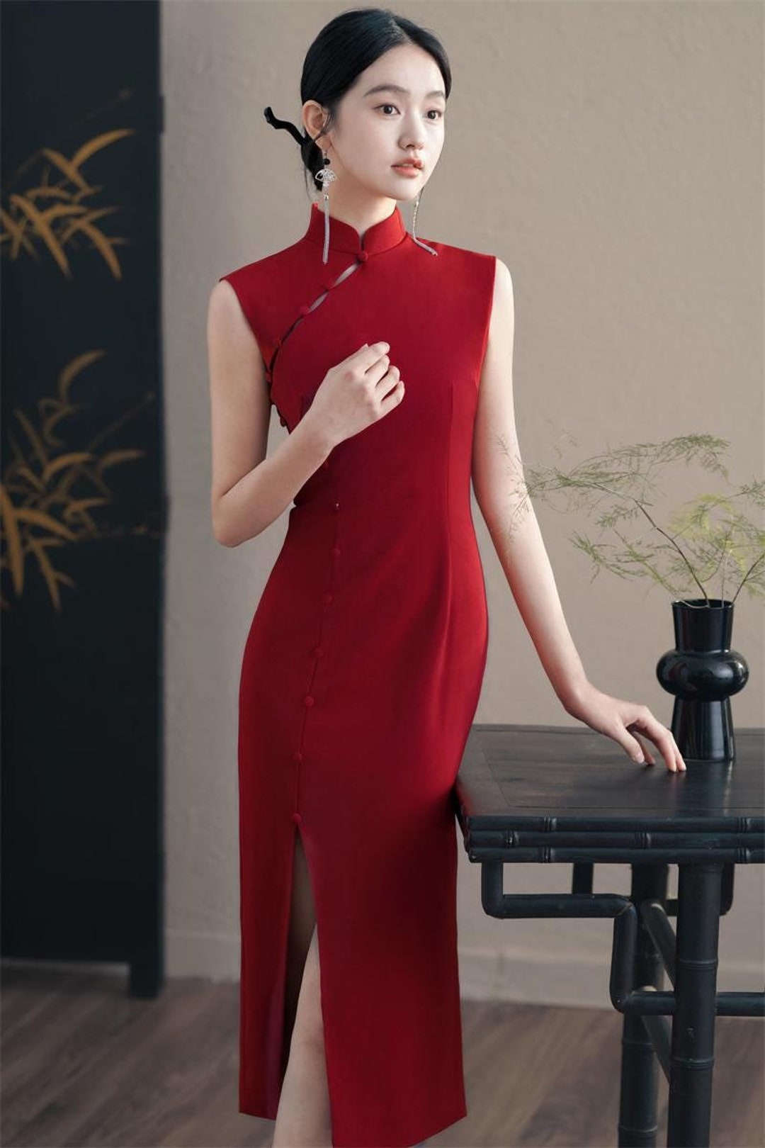 Burgundy Chenille Qipao Modern Cheongsam, Summer Chinese Qipao, Tea ...