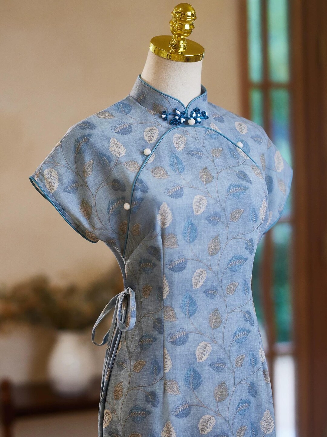 Light Blue Cheongsam, Summer Chinese Qipao, Floral Pattern Daily Wear ...