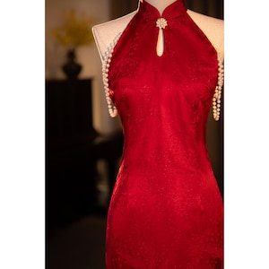 Wine Red Traditional Chinese Wedding Dress With Beaded Tassel Halter ...