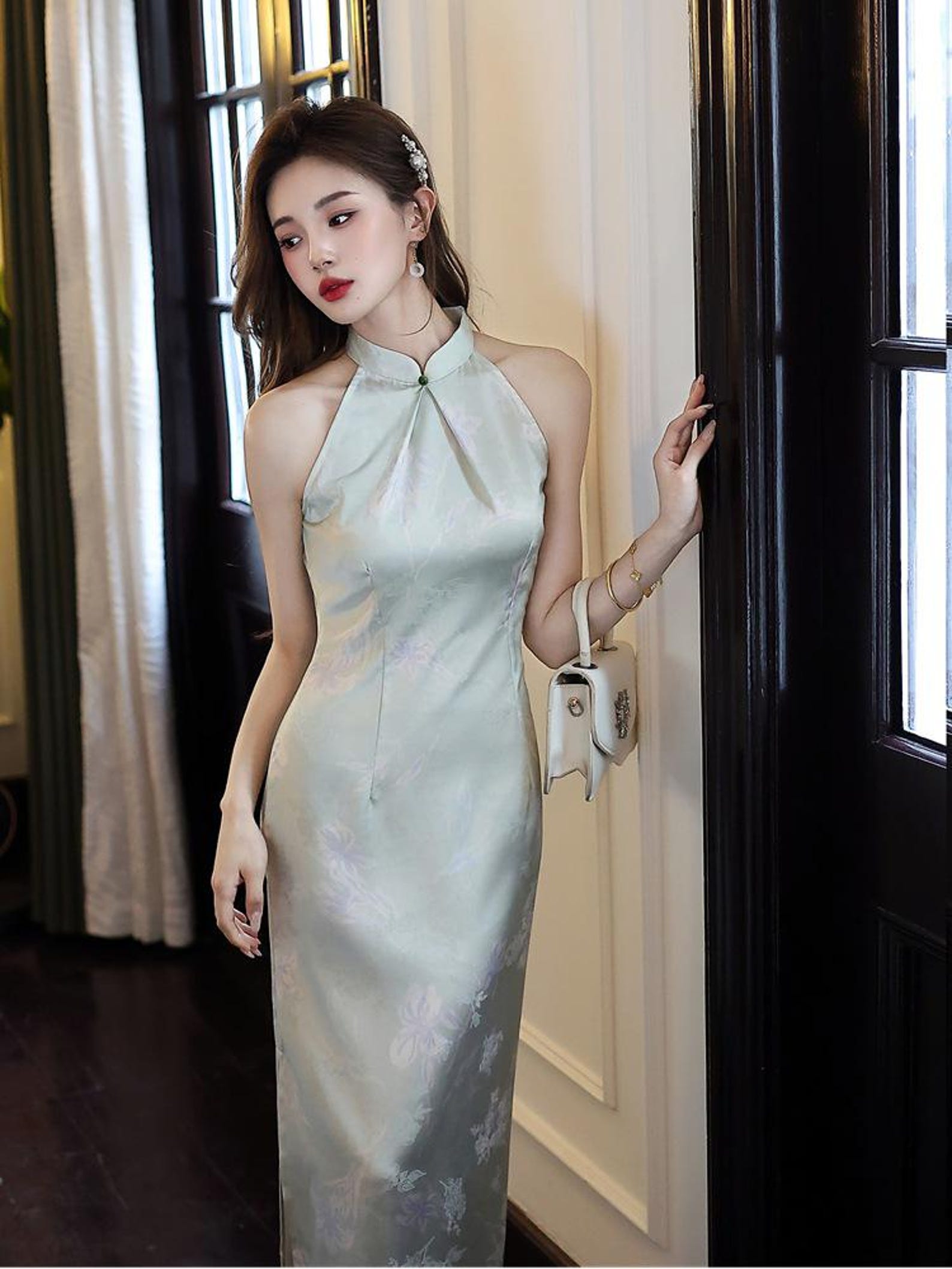 Floral Sleeveless Qipao Dress: Light Green Halter Neck Cheongsam - Etsy