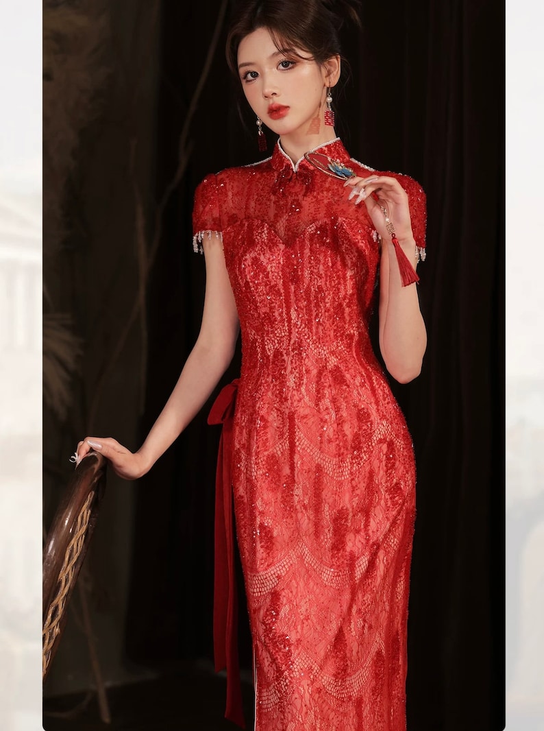 Customizable Red Lace Chinese Wedding Dress Open Back Cheongsam Qipao ...