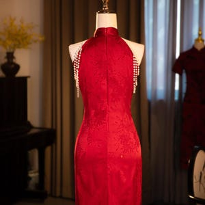 Wine Red Traditional Chinese Wedding Dress With Beaded Tassel Halter ...