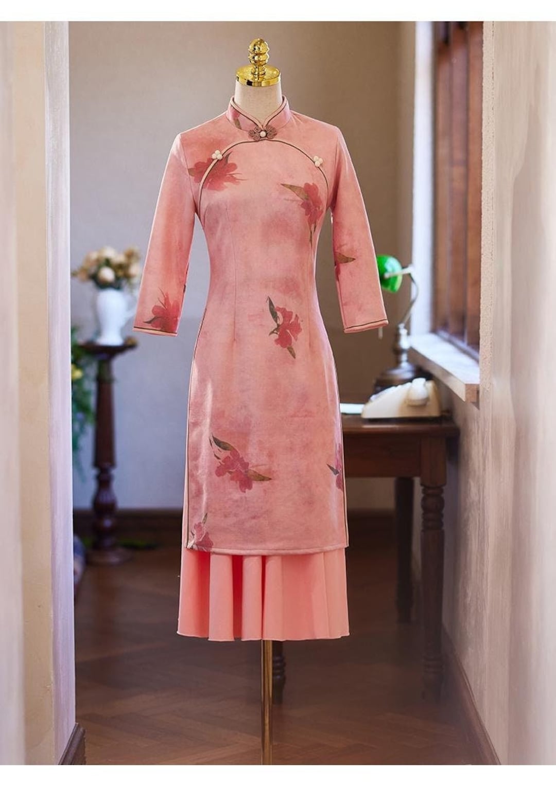 Pink Long Sleeve Qipao, Date Qipao Elegant Dress With Floral Buttons ...