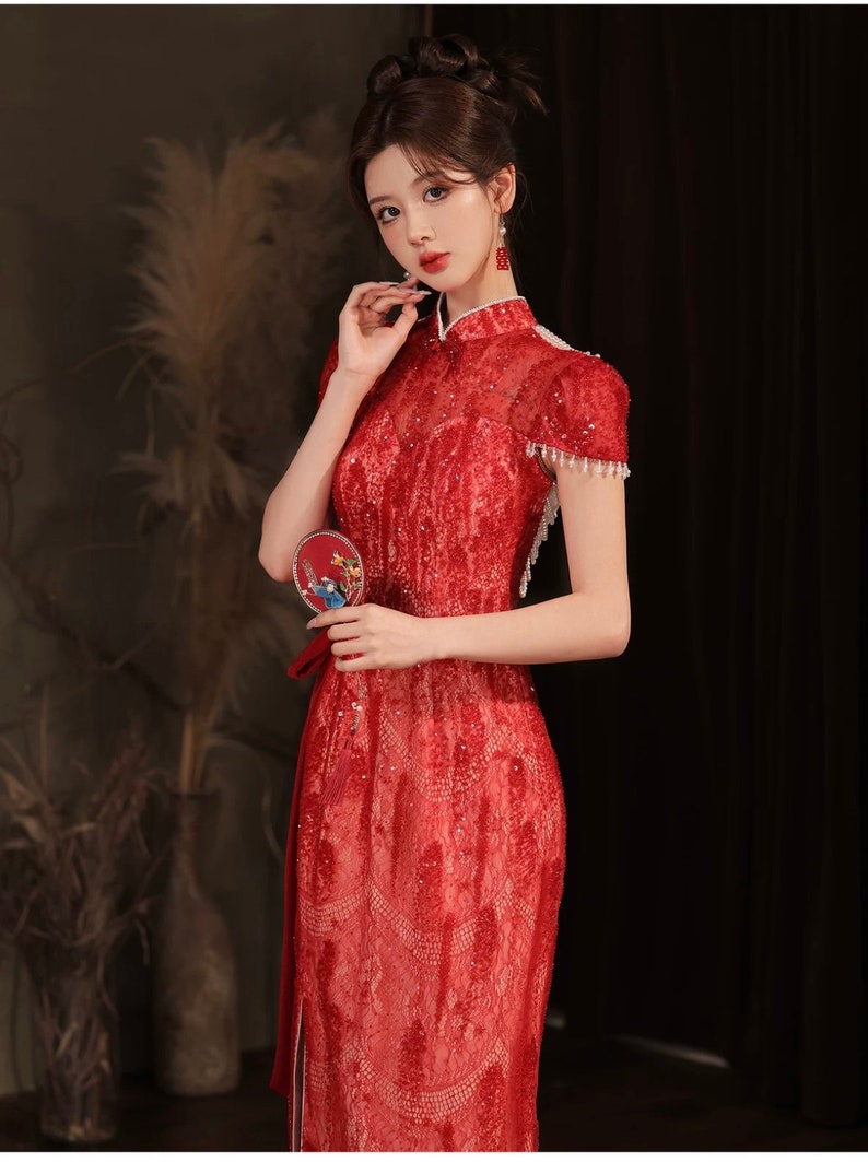 Customizable Red Lace Chinese Wedding Dress Open Back Cheongsam Qipao ...