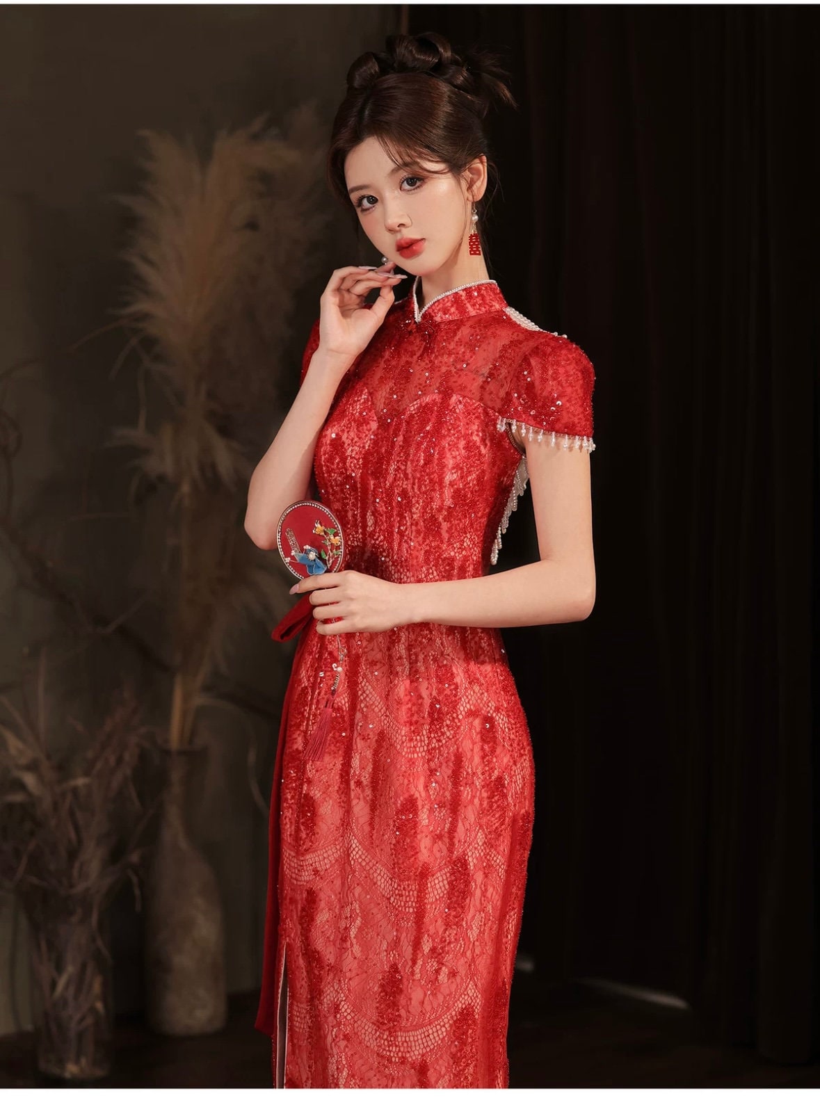 Customizable Red Lace Chinese Wedding Dress Open Back Cheongsam Qipao ...