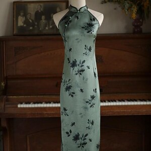 Floral Sleeveless Qipao Dress: Green Halter Neck Cheongsam - Etsy