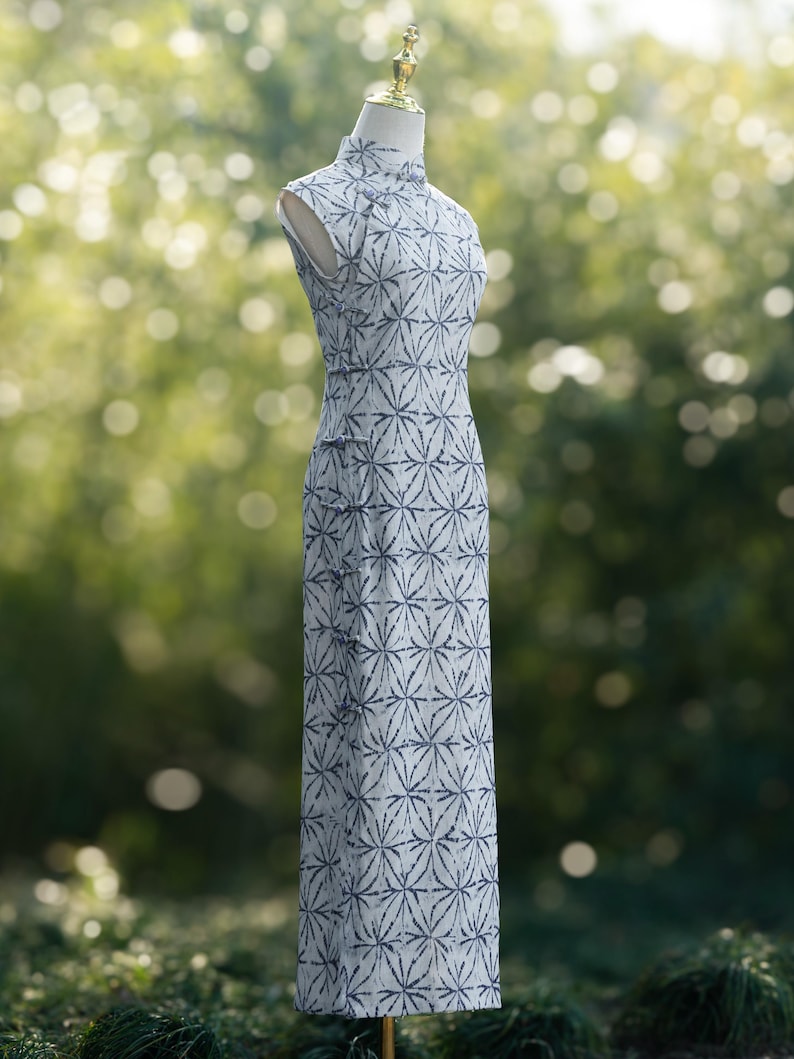 Blue Floral Cheongsam Dress: Sleeveless Linen Qipao - Etsy