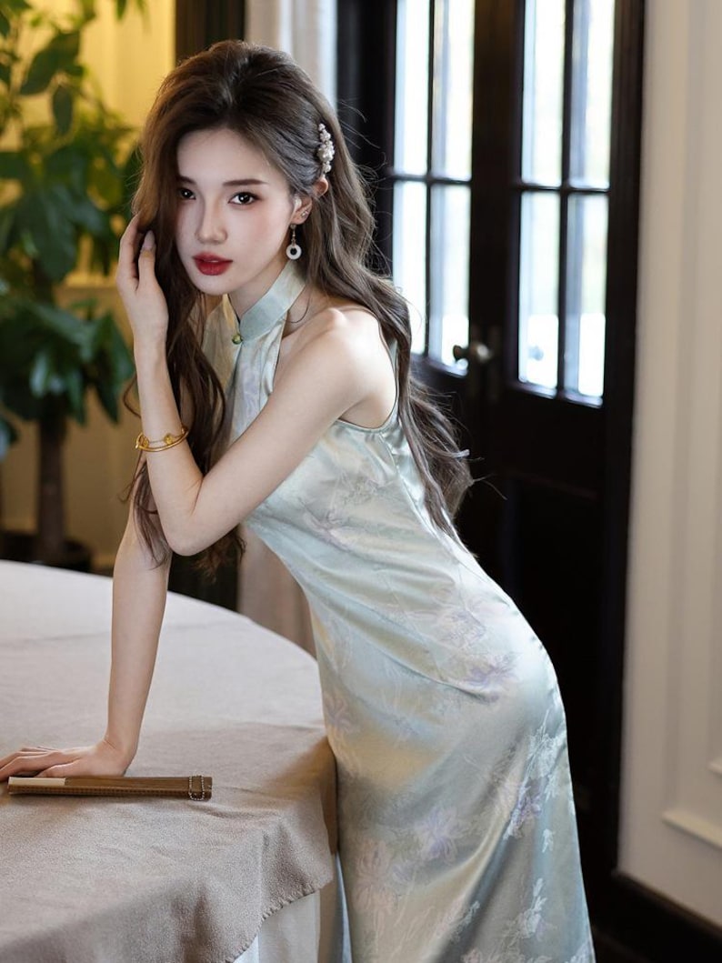 Floral Sleeveless Qipao Dress: Light Green Halter Neck Cheongsam - Etsy