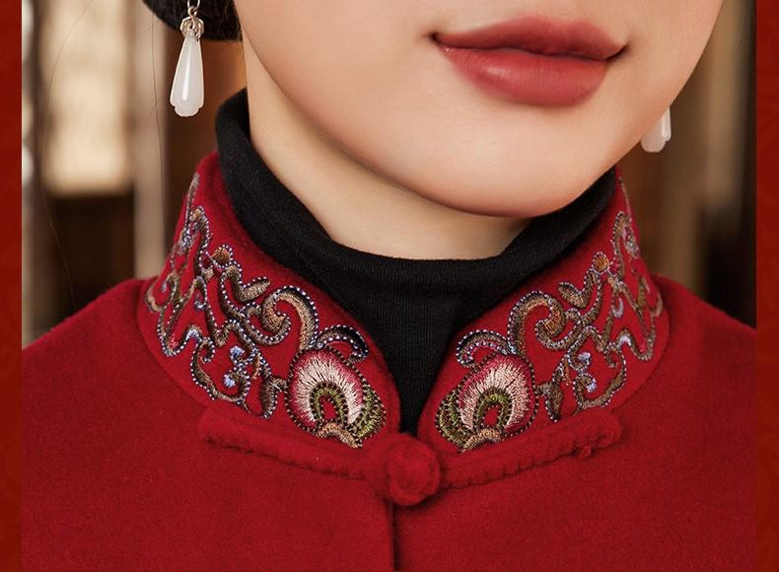 Embroidered Wool Long Tang Jacket: Burgundy Chinese Style Qipao ...