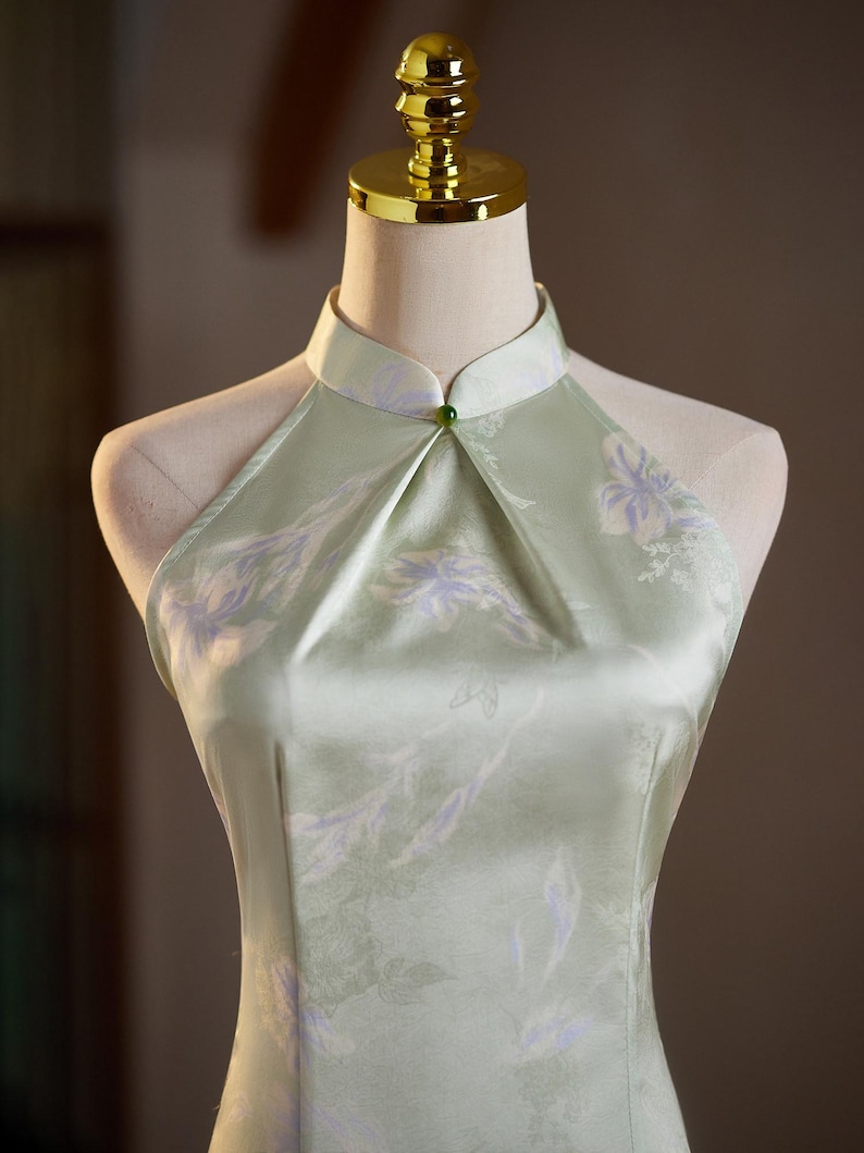 Floral Sleeveless Qipao Dress: Light Green Halter Neck Cheongsam - Etsy
