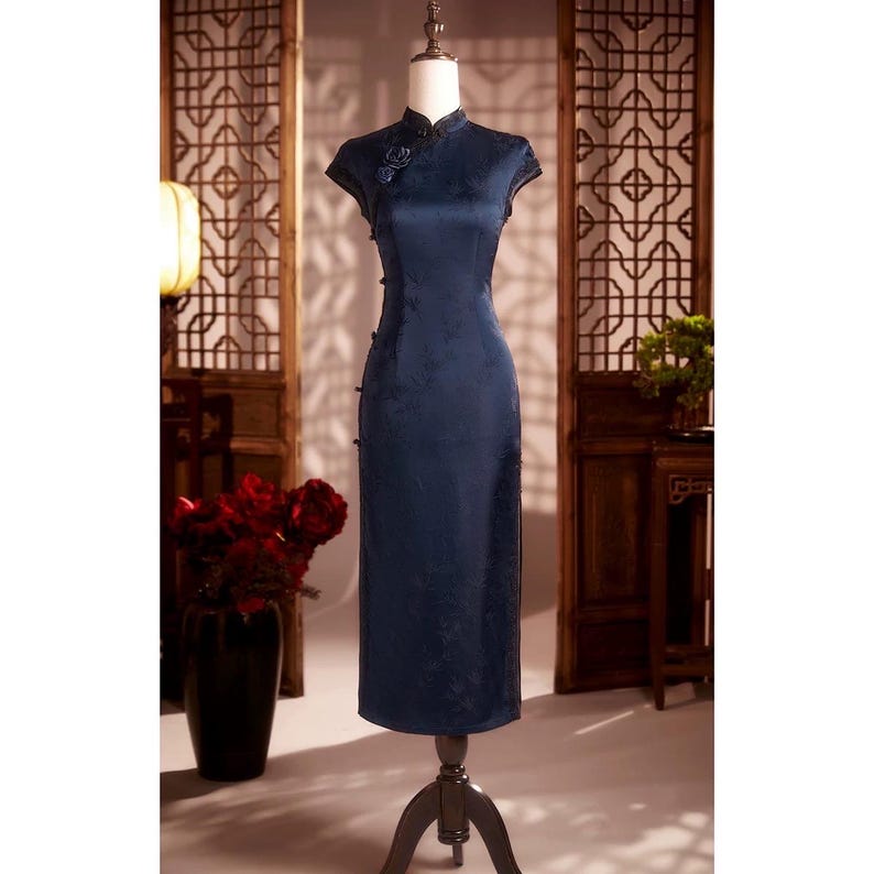 Modern Cheongsam Qipao: Purple Navy Dress With Blue Butterfly ...
