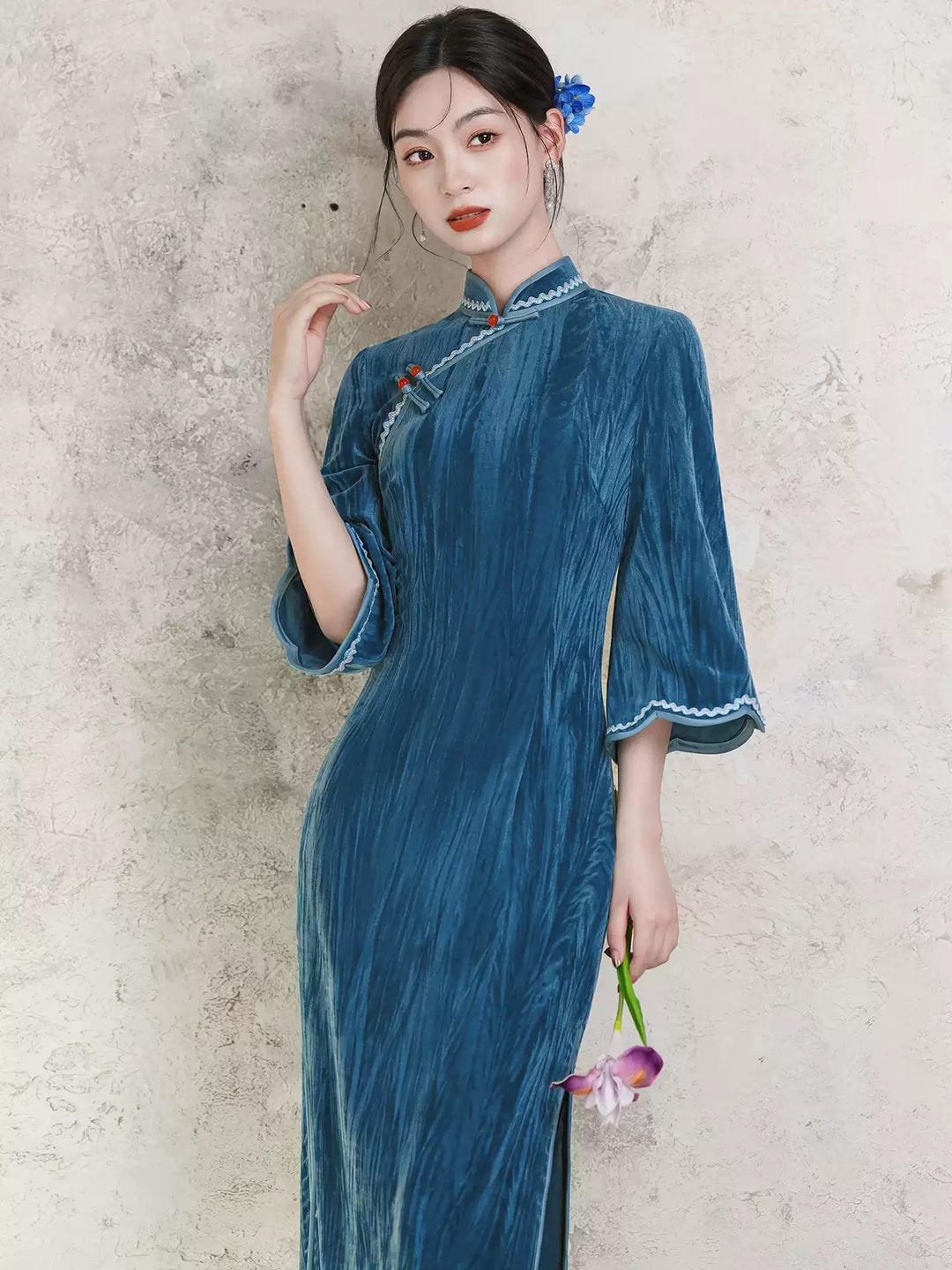 Navy Stretch Velvet Qi Pao: Shanghai Modernized Long Dress for Everyday ...