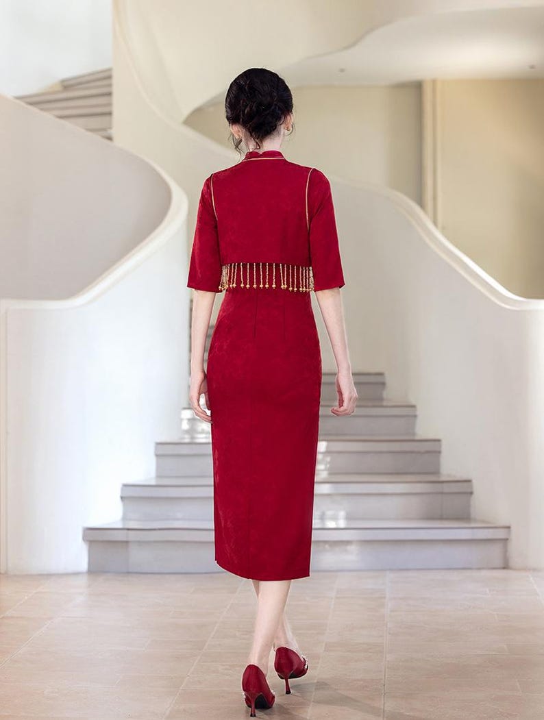 Burgundy Jacquard Qi Pao Set: Modern Chinese Two-piece Dress for Tea ...