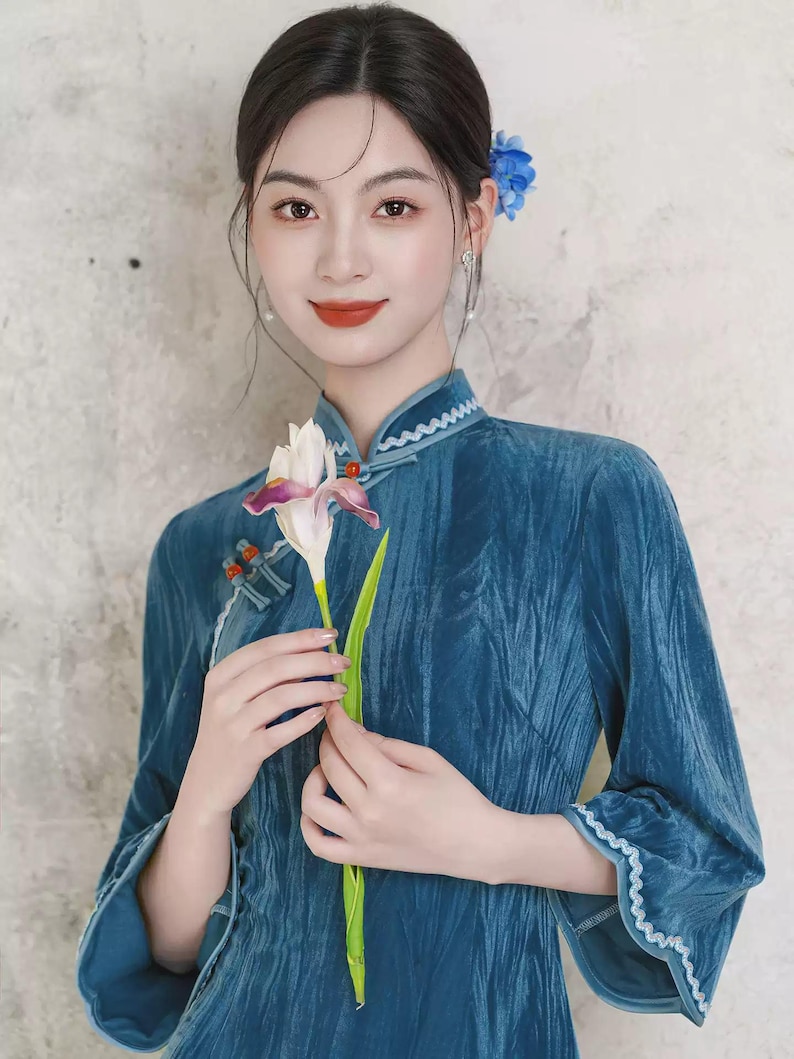 Navy Stretch Velvet Qi Pao: Shanghai Modernized Long Dress for Everyday ...