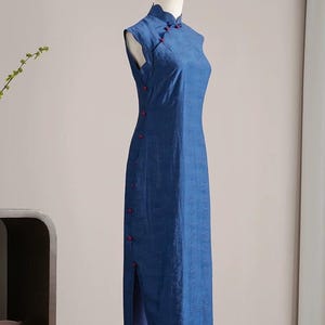 Blue Sleeveless Cheongsam, Summer Chinese Qipao, Long Length Daily Wear ...