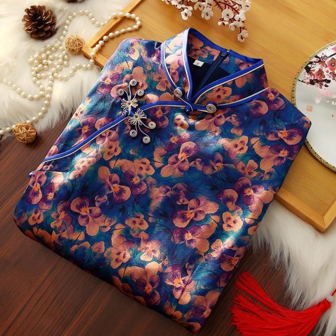 Mulberry Silk Short-sleeved Long Cheongsam Deep Blue Qipao Traditional ...