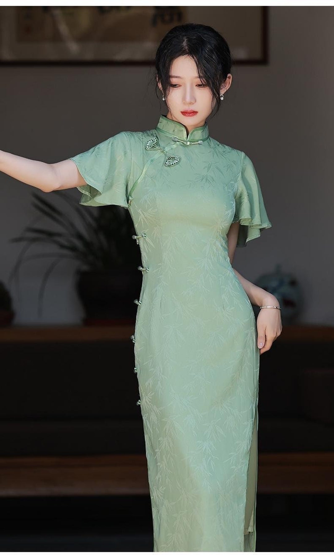 Light Green Chinese Modern Cheongsam, Traditional Qipao, Long Length ...
