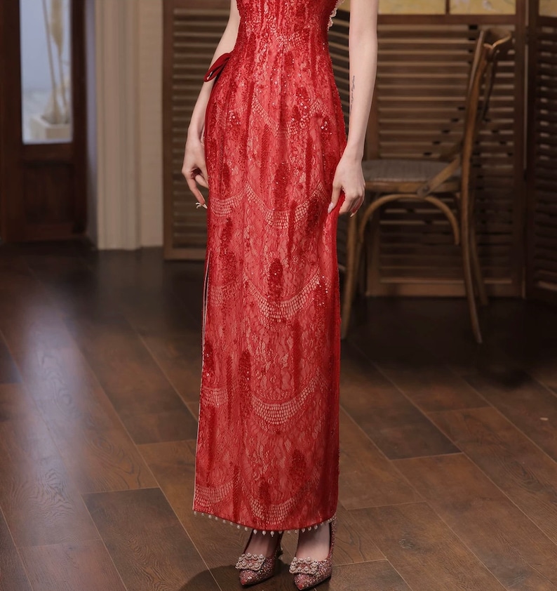 Customizable Red Lace Chinese Wedding Dress Open Back Cheongsam Qipao ...