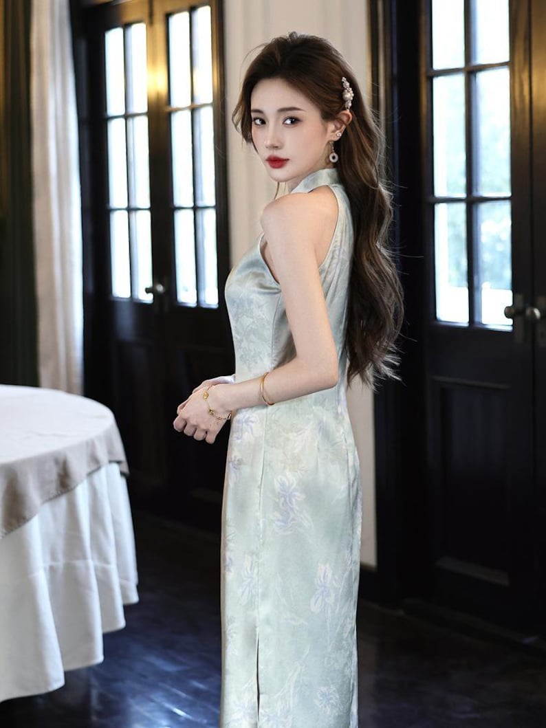 Floral Sleeveless Qipao Dress: Light Green Halter Neck Cheongsam - Etsy